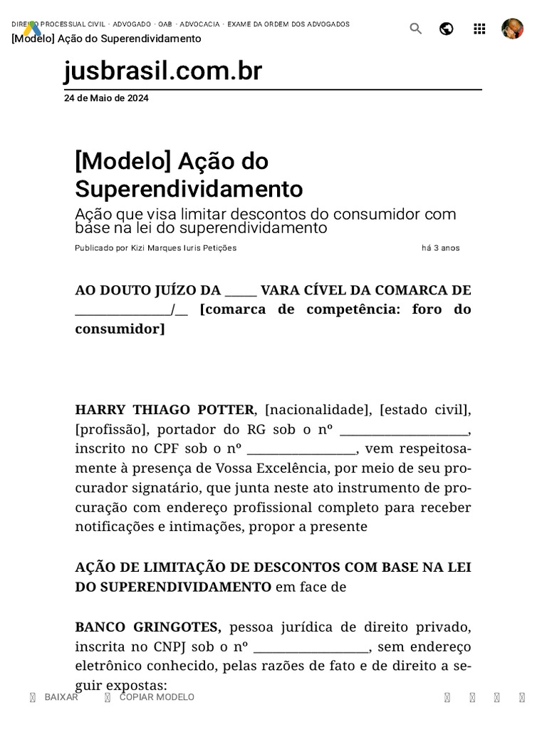 (Modelo) Ação Do Superendividamento - Jusbrasil | PDF | Advogado ...