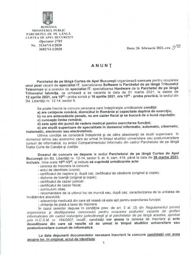 Anunt Organizare Concurs Ocupare Posturi Spec IT | PDF