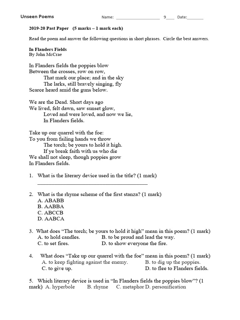 Unseen Poems From 2018-19 FE and 2019-20 MYE Literature Papers ...