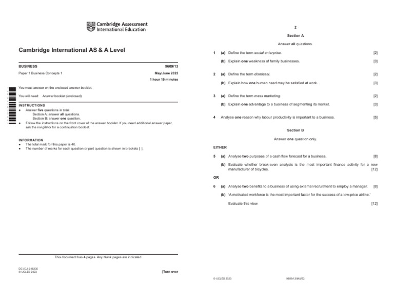 9609 - 13 Paper 1 May - Jun 2023 | PDF | Economics | Business Economics