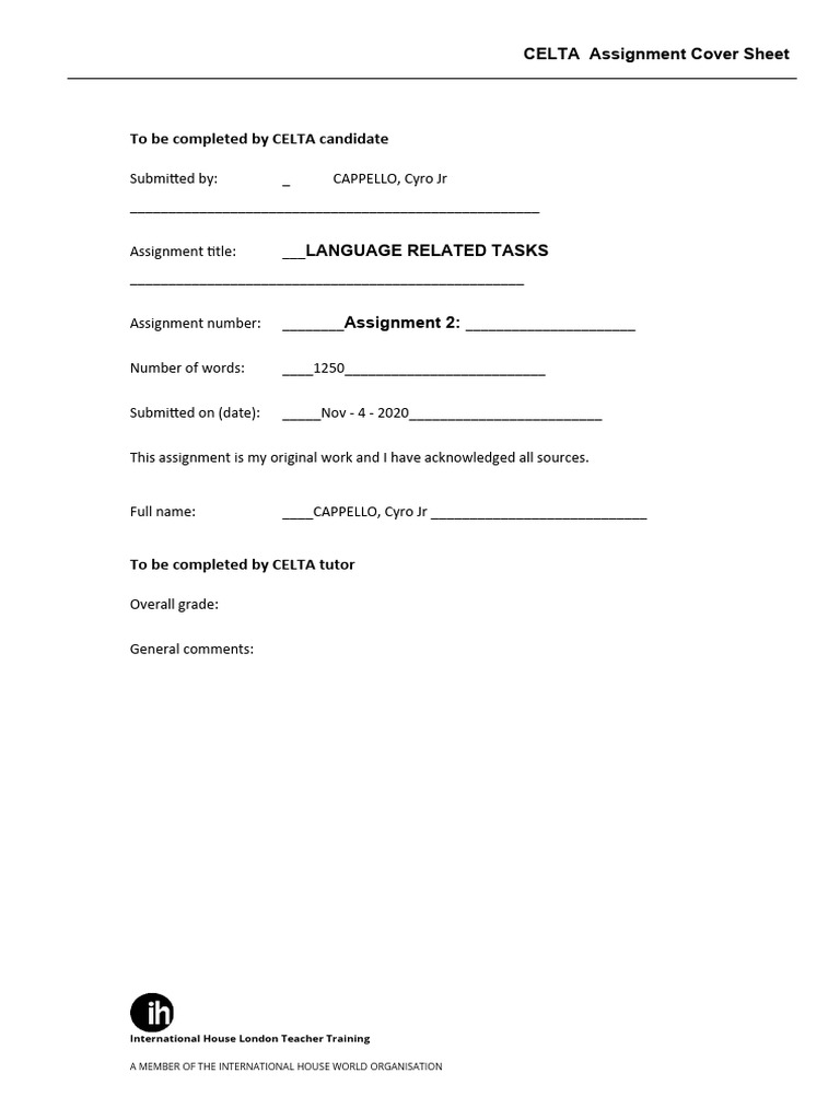 Cappello Cambridge Celta Assignment 2 Language Related Task PDF Free | PDF | Verb | English Language