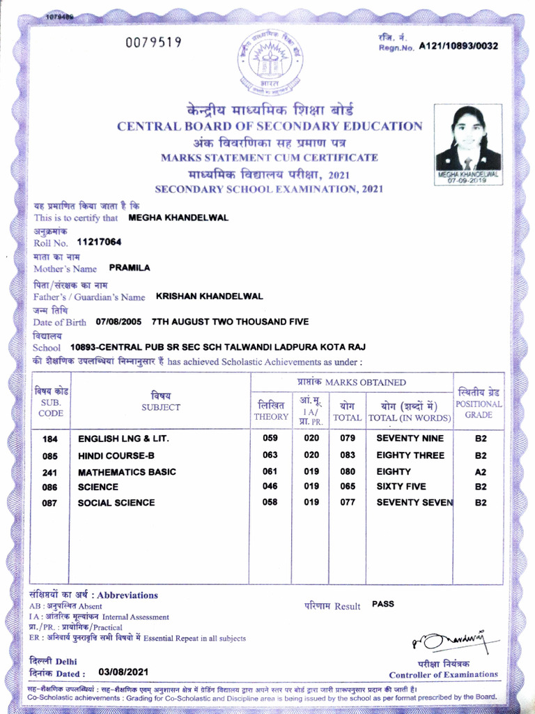 10th Marksheet (Megha Khandelwal) | PDF | Qualifications | Secondary Education