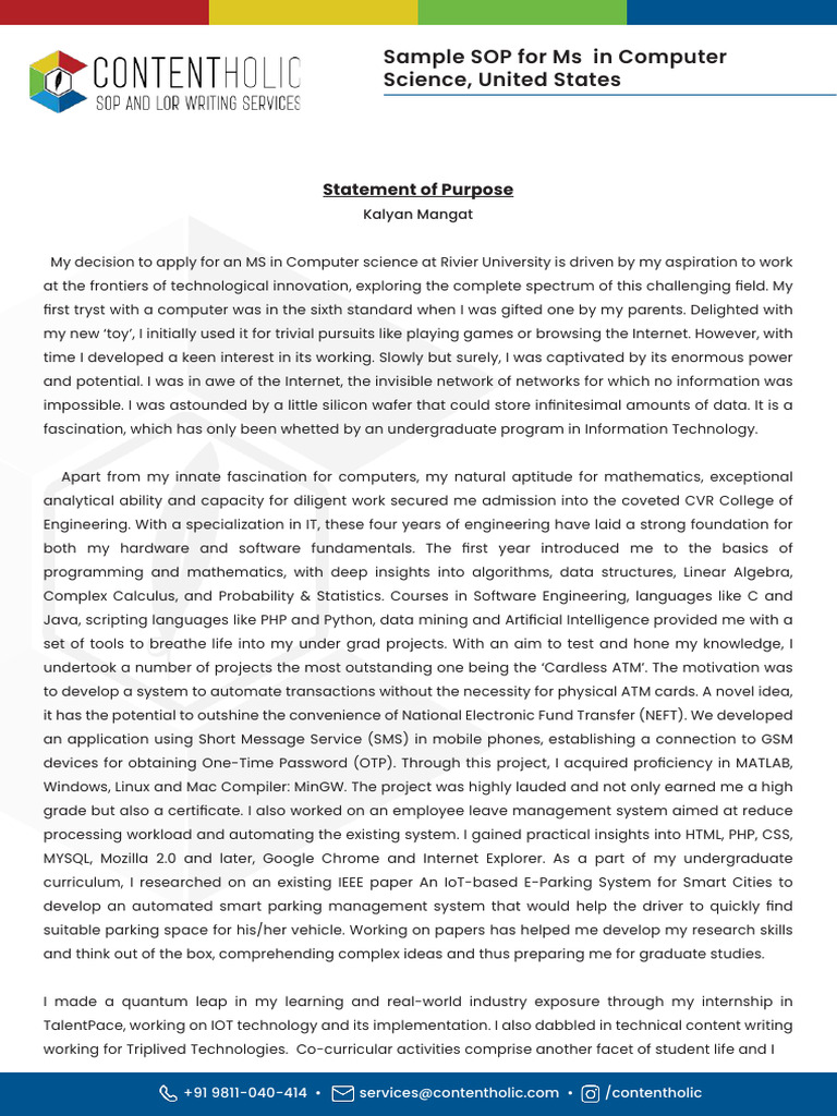 Sample SOP For Ms in Computer Science United States | PDF | Computer ...