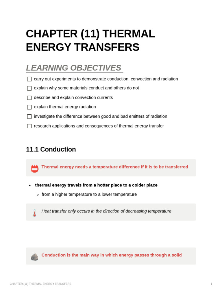 CHAPTER (11) THERMAL ENERGY TRANSFERS | PDF | Thermal Conduction ...