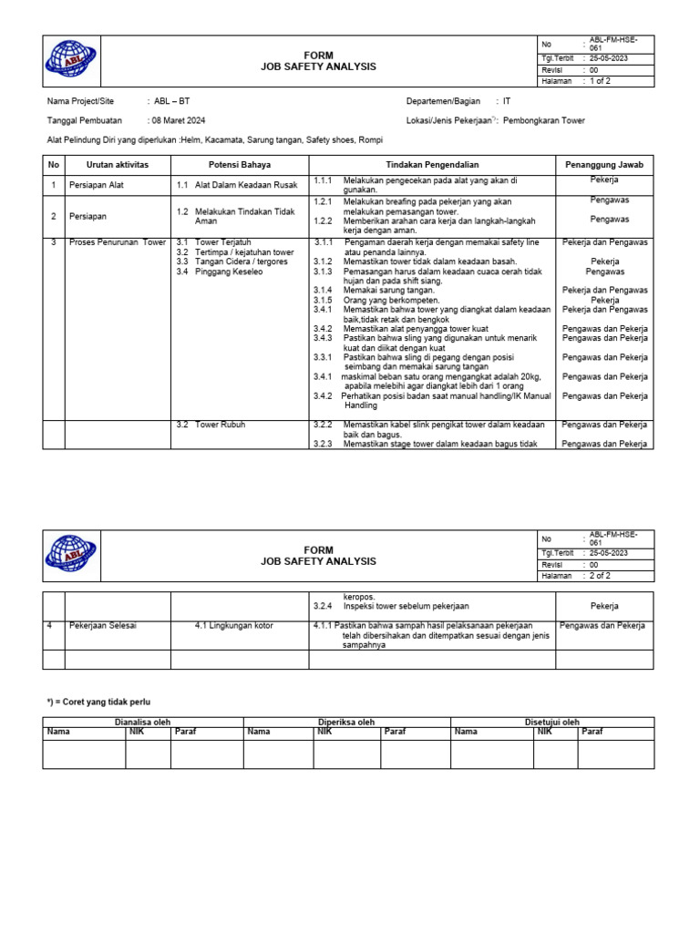 JSA Pemasangan Tower | PDF