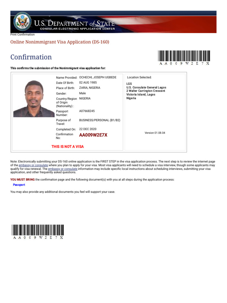 Nonimmigrant Visa - Confirmation Page | PDF | Travel Visa | Fingerprint