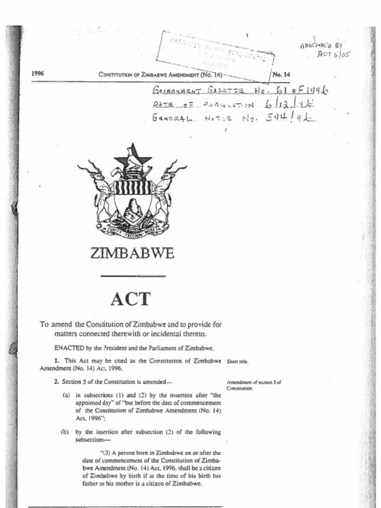 Zimbabwe Constitution Amendment Act 14 1996 | PDF