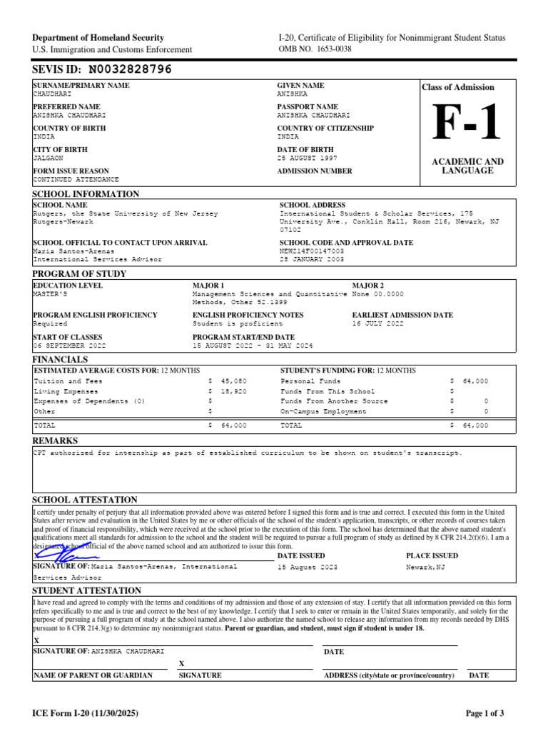 I-20 (Travel Signature) | PDF | Travel Visa | Human Migration