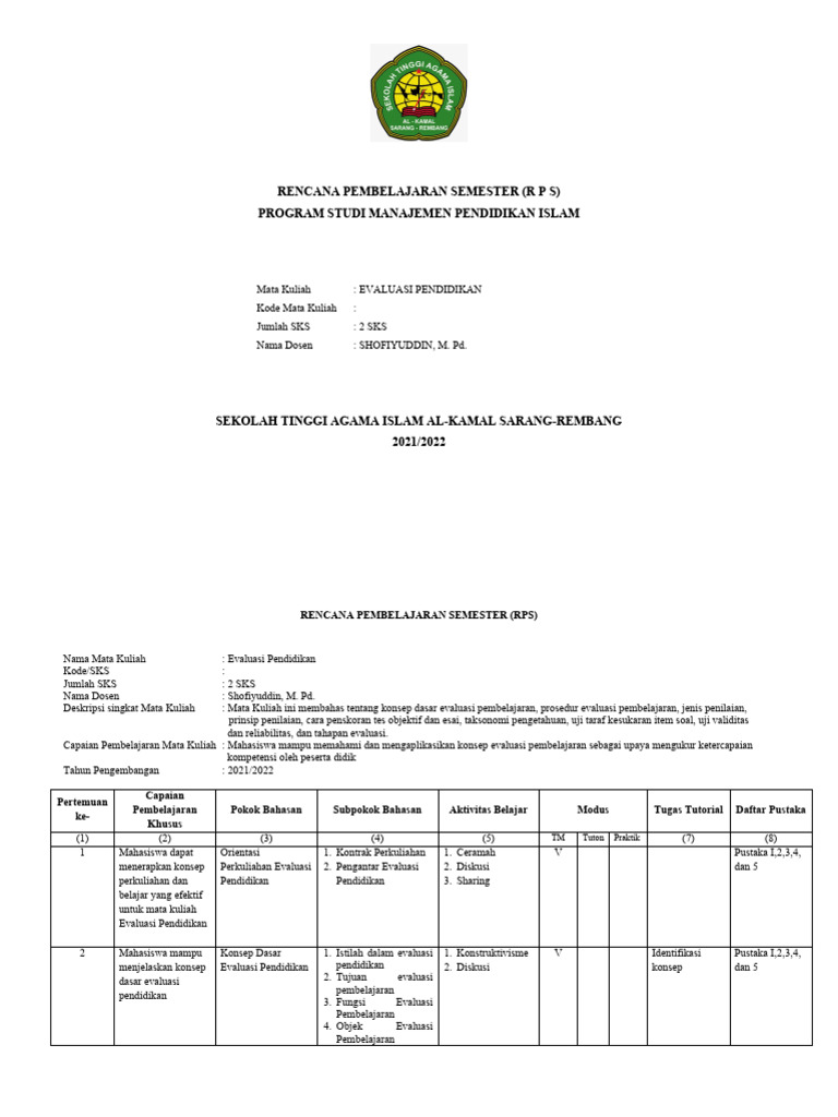 RPS Evaluasi Pendidikan | PDF