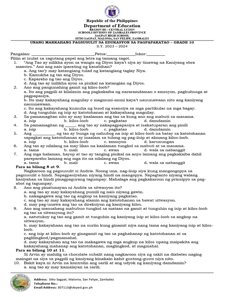 EsP 1st Q Exam | PDF