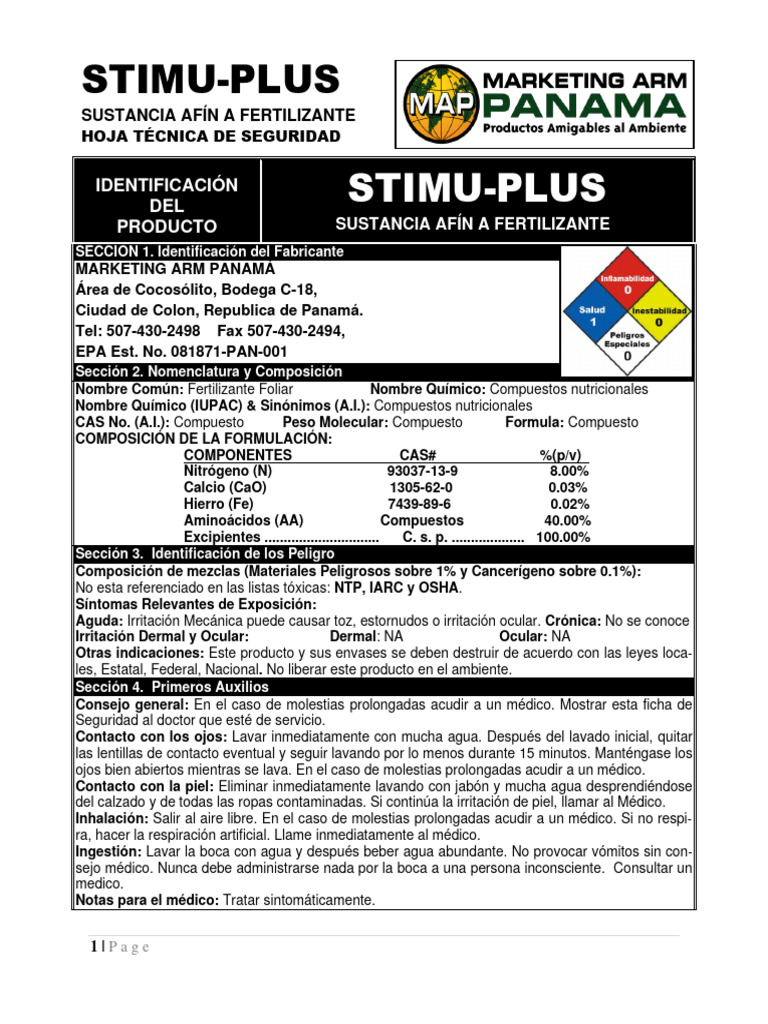 Hoja de Seguridad de Stimu-Plus | PDF | Agua | Fertilizante