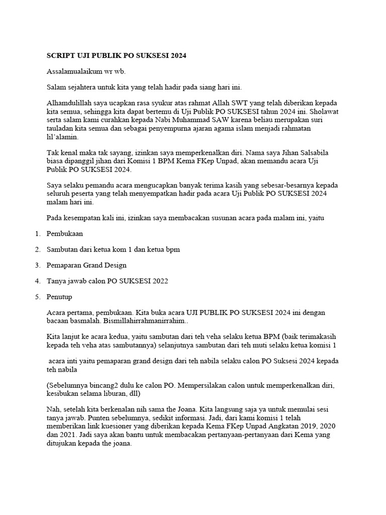 Script Uji Publik Po Suksesi 2024 | PDF | Karier & Perkembangan | Bisnis