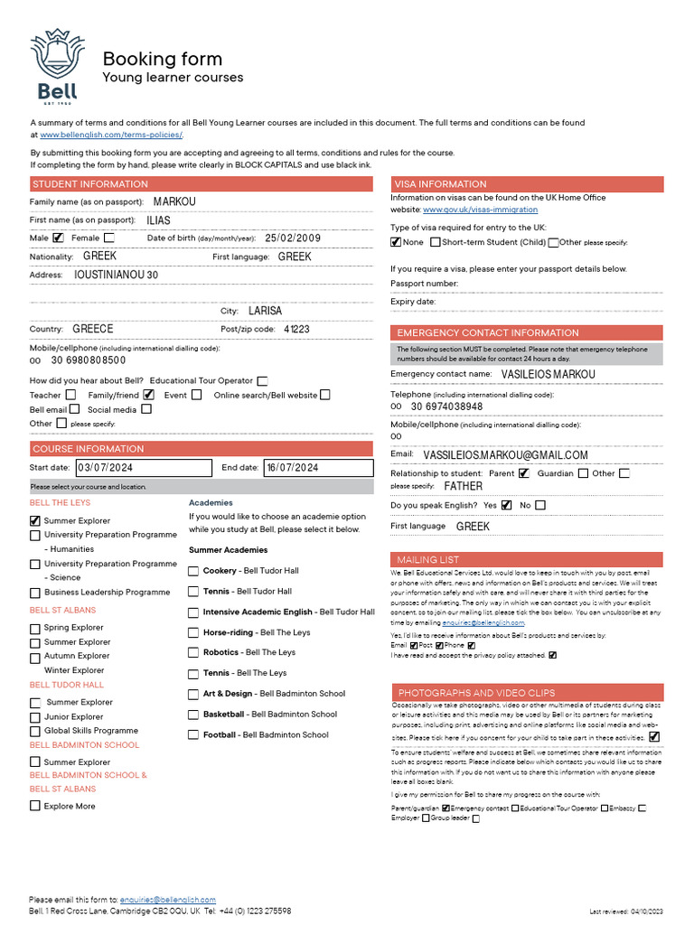 Bell Young Learner Booking Form 2024 ILIAS MARKOU | PDF | Fee | Payments