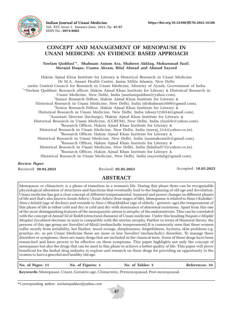 Unani Medicine: Menopause Management Guide | PDF | Menopause