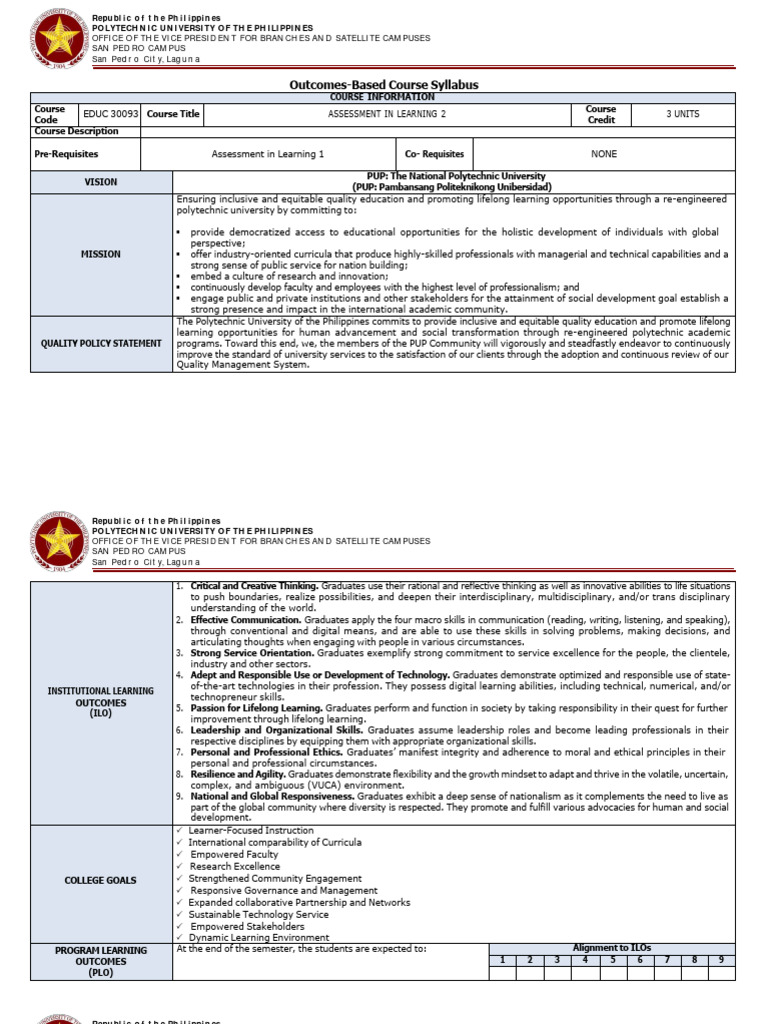 PUPSPC - SYLLABUS - ASSESSMENT IN LEARNING 2 Revised | PDF ...