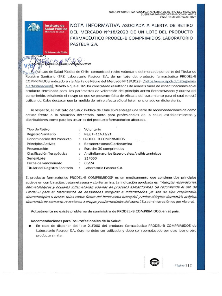 Nota Informativa Asociada A Alerta de Retiro Del Mercado N 18-2023 de ...