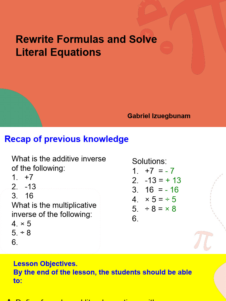 Rewrite and Solve Literal Equations | PDF | Equations | Formula