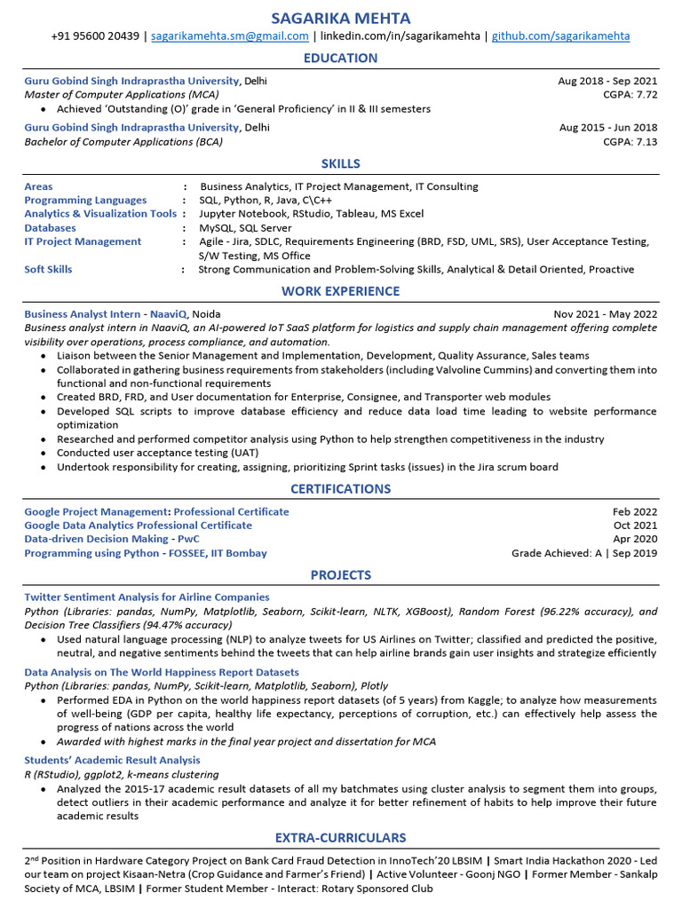 Resume - Sagarika Mehta | PDF | Analytics | Databases