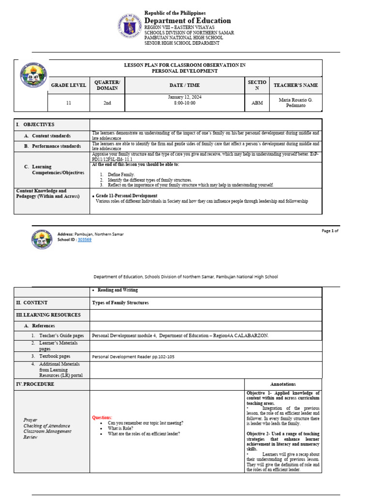 COT2 - LP-Personal Development | PDF | Family | Parent
