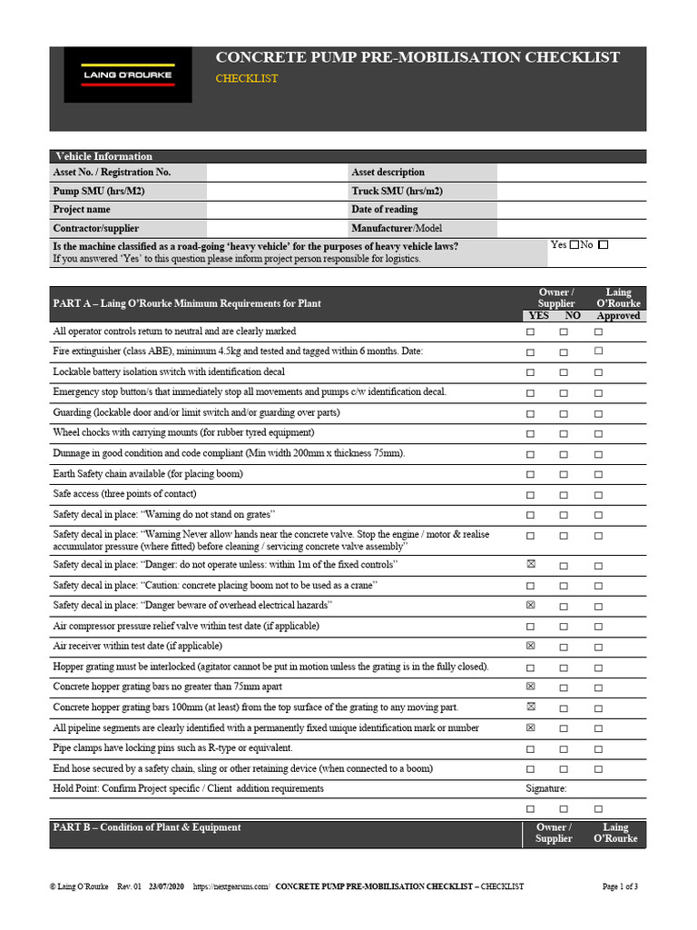 Concrete Pump Pre-Mobilisation Checklist | PDF | Pump | Truck