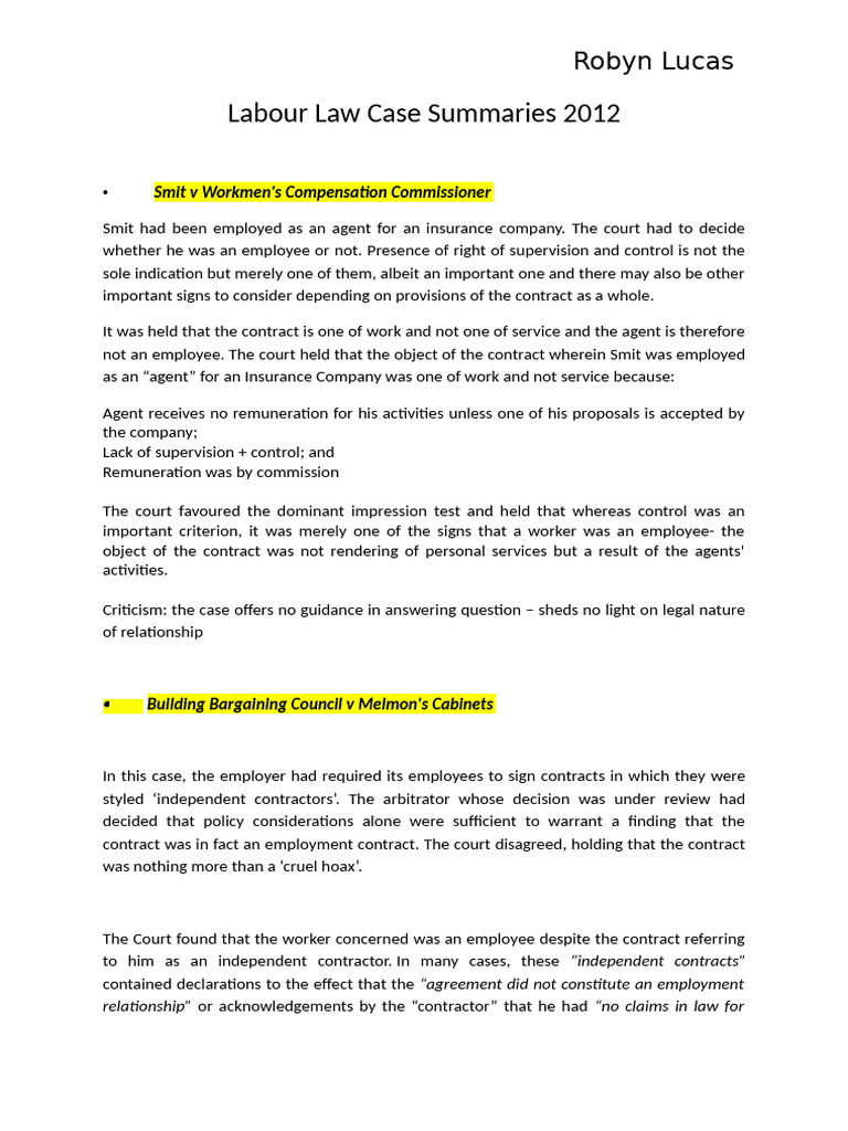 Labour_Law_Case_Summaries__1_.docx | PDF | Employment | Sexual Harassment