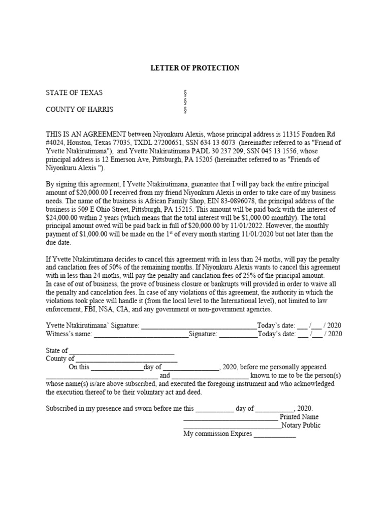 Letter of Protection - Yvette Ntakirut and Alexis Niyonk | Download ...