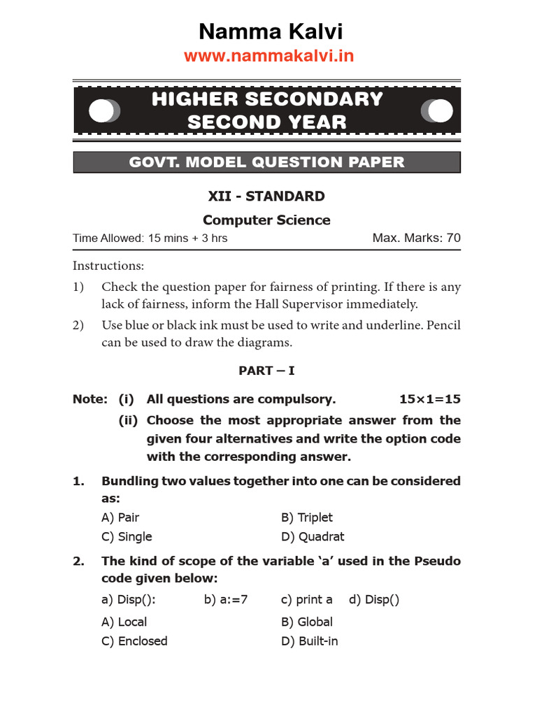 Namma Kalvi 12th Computer Science Model Question Papers em 2020 217201 ...