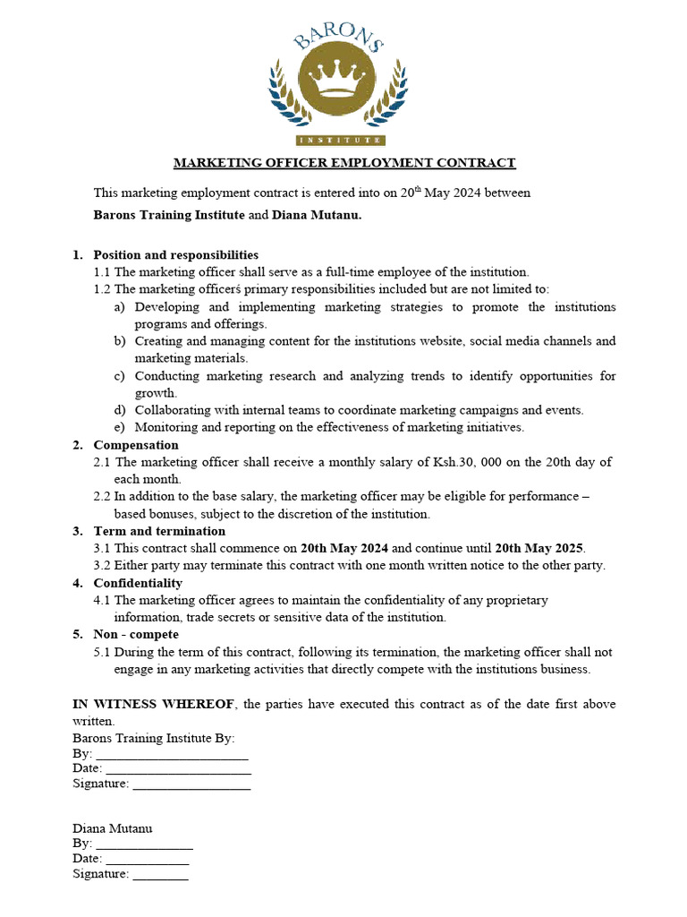 Marketing Officer Employment Contract | PDF | Finance & Money Management