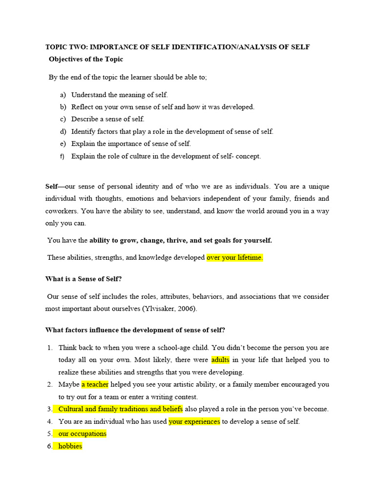 Topic Two Self Identification | PDF | Self Concept | Psychological ...