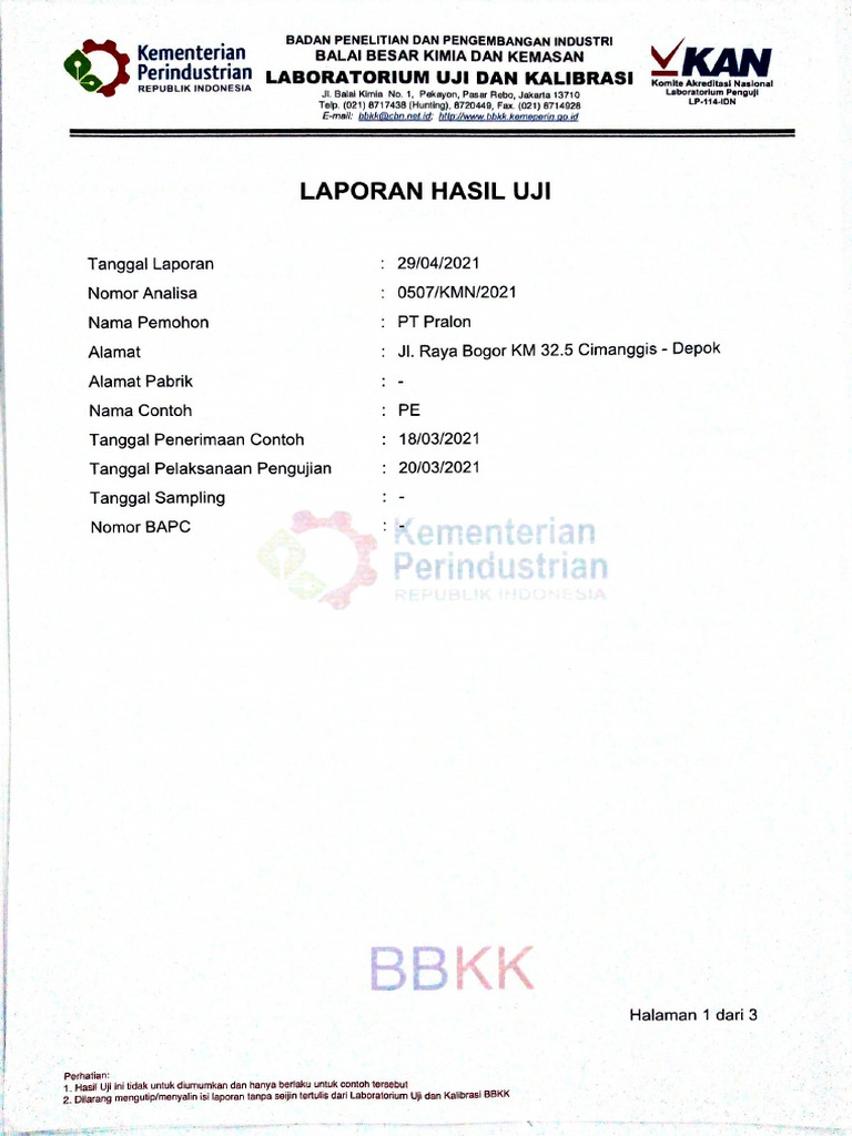 3.f. Laporan Hasil Pengujian Kemenprin Pralon | PDF