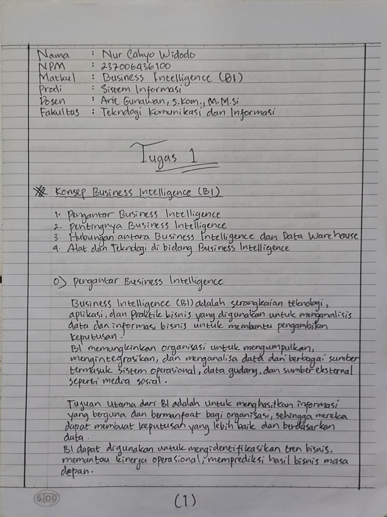 TUGAS 1 Business Intelligence - Nur Cahyo Widodo (237006436100) - Part1 | PDF