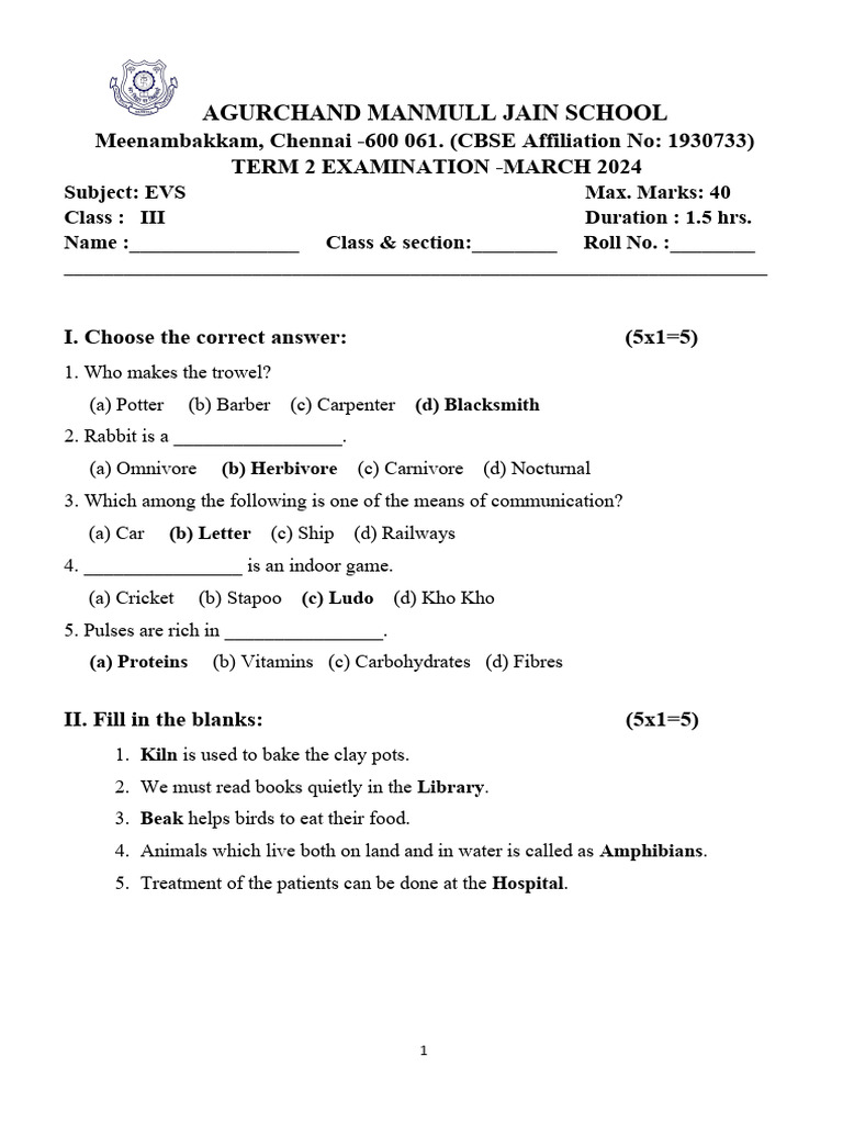 Class 3 EVS Term 2 Exam Paper | PDF | Foods | Synthetic Fiber