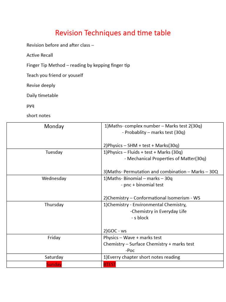 Revision Techniques and Time Table | PDF