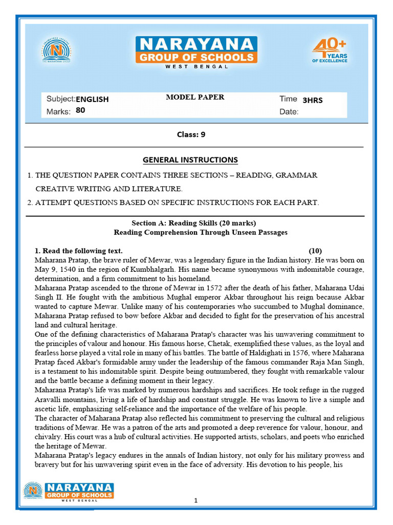 Class 9-Model Paper-English | PDF