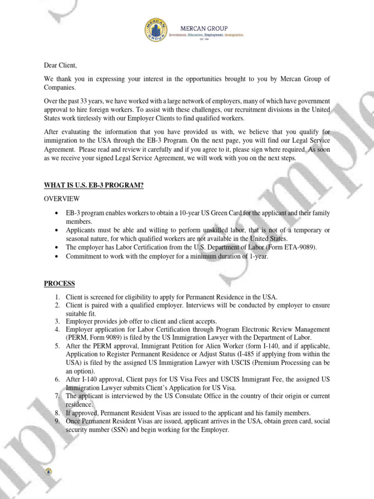 Mercan Group EB3 Retainer Agreement With Watermark | PDF | Law