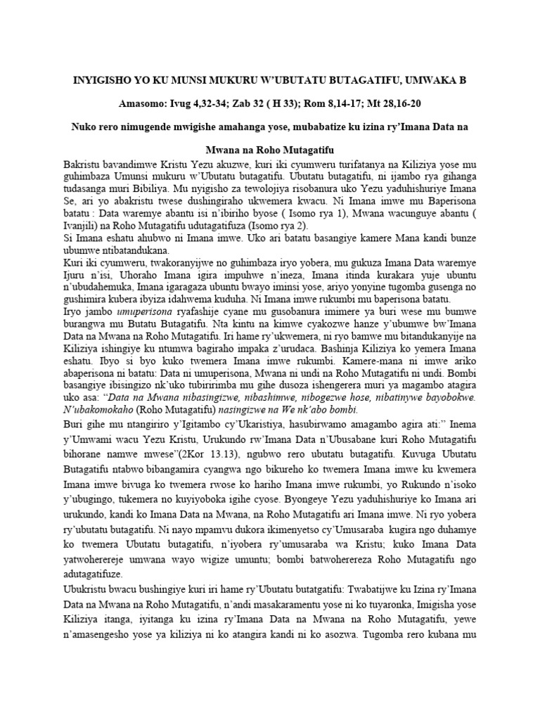 Inyigisho Yo Ku Munsi Mukuru W'ubutatu Butagatifu B | PDF