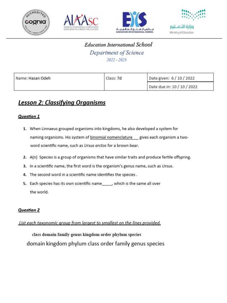 Classifying Organisms Worksheet | PDF | Social Science | Science ...
