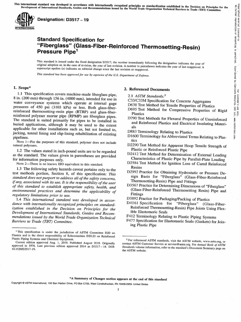 9-ASTM D3517 Standard Specification For Fiberglass Pressure Pipe 2019 | PDF