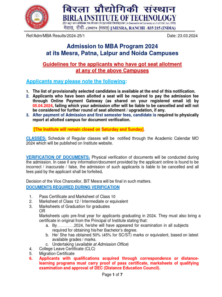 MBA 2024 - Guidelines for applicants who have selected for adm - 23_03 ...