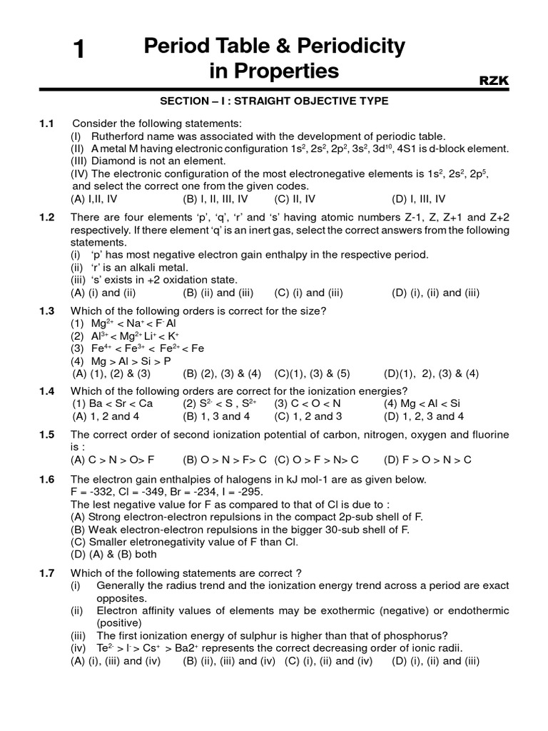 Periodic Table and Chemical Properties Quiz | PDF | Periodic Table ...