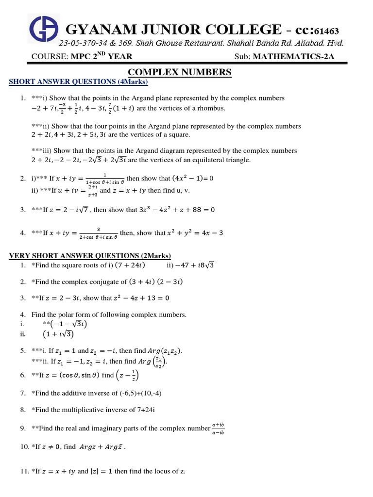 2a Imp Questions Rafeeq Sir Quarterly | PDF | Complex Number | Zero Of A Function