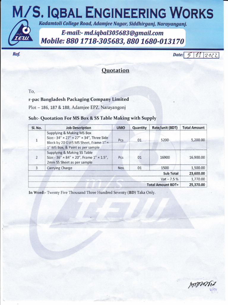 SS Table Iqbal Engineering | PDF