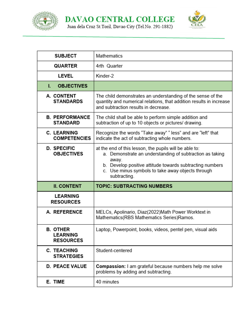 Kinder-2 Subtraction Lesson Plan | PDF | Teachers | Classroom