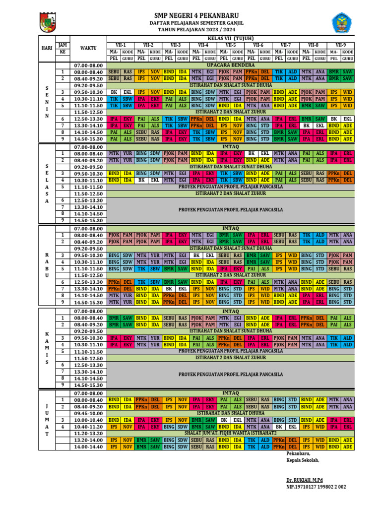 Jadwal Pelajaran Kelas Vii 2023-2024 Ganjil 9 Kelas | PDF