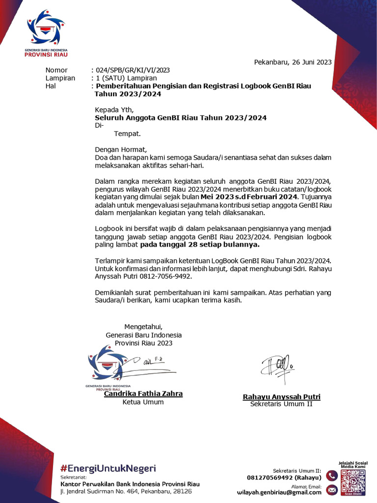 024-Surat Pemberitahuan Registrasi LogBook GenBI Riau Tahun 20232024 | PDF