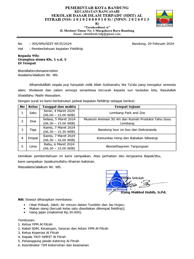 Pemberitahuan Kegiatan Fieldtrip SDIT Al Fitrah | PDF