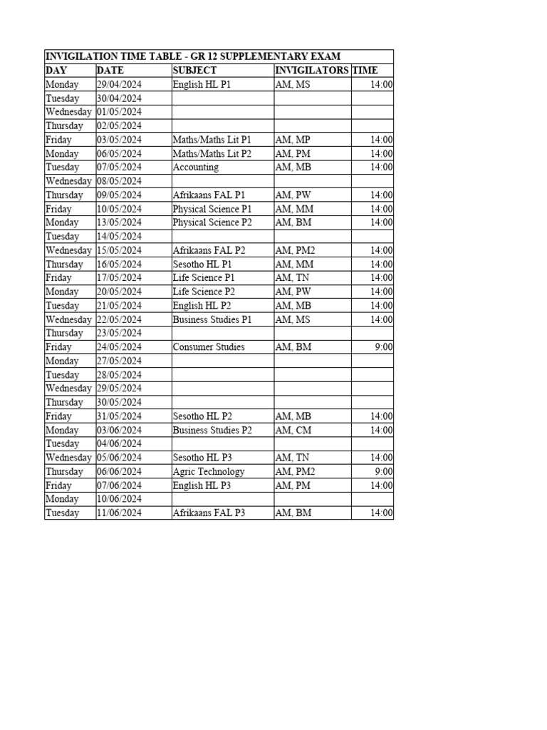 INVIGILATION TIMETABLE JUNE SUPPLEMENTARY 2024 | PDF INVIGILATION TIMETABLE JUNE SUPPLEMENTARY 2024 | PDF