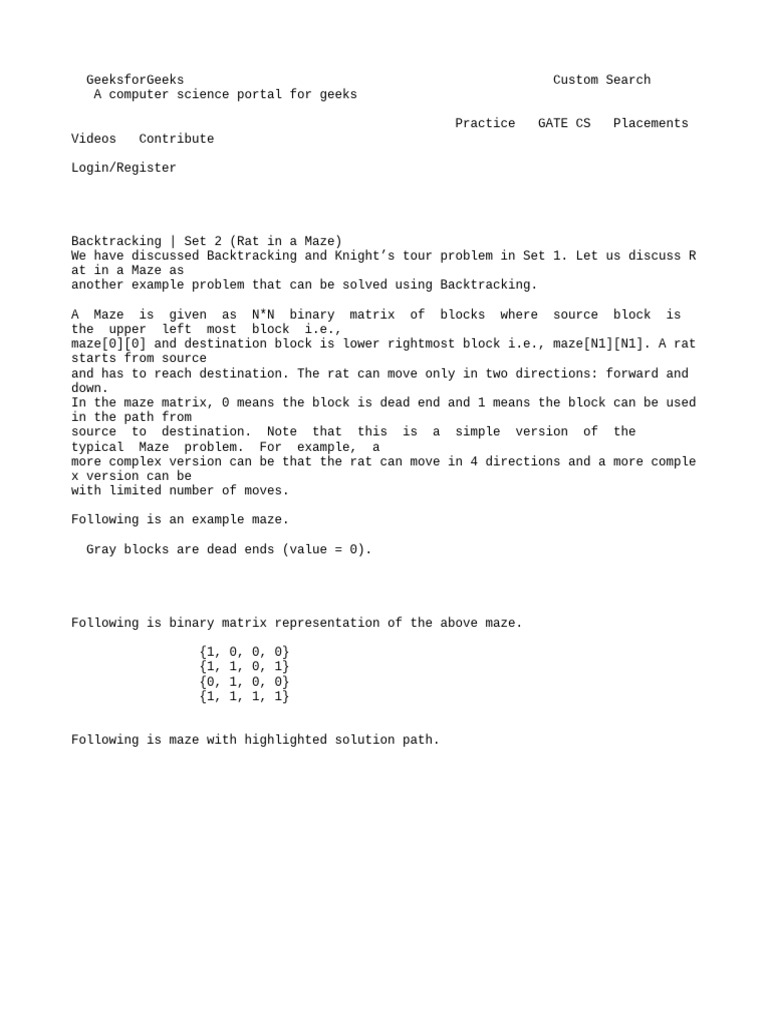 Backtracking Set 2 Rat In A Maze Geeksforgeeks Pdf Mathematical Logic Computer Science