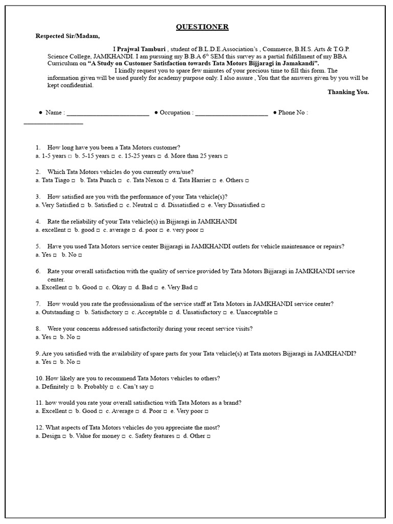 Questioner Final Pdf Customer Satisfaction