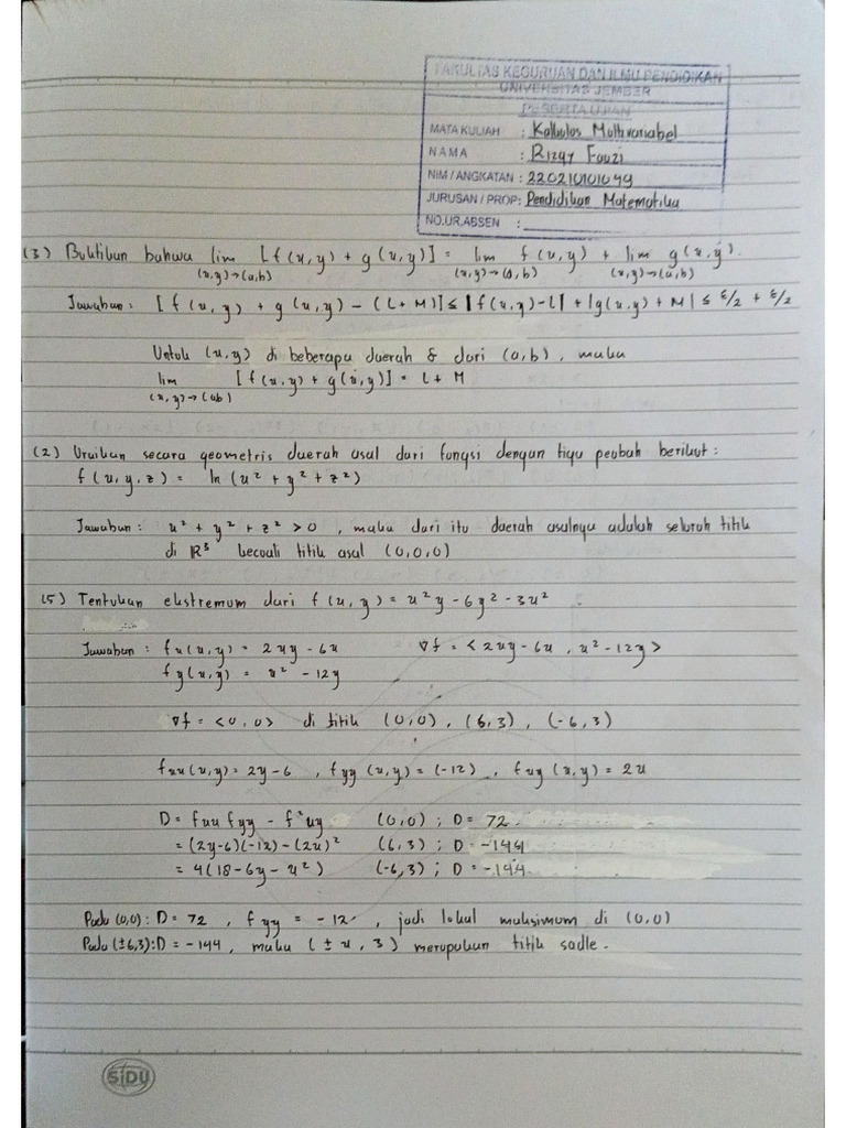 UTS Kalkulus Multivariabel (Rizqy Fauzi - 220210101049) | PDF